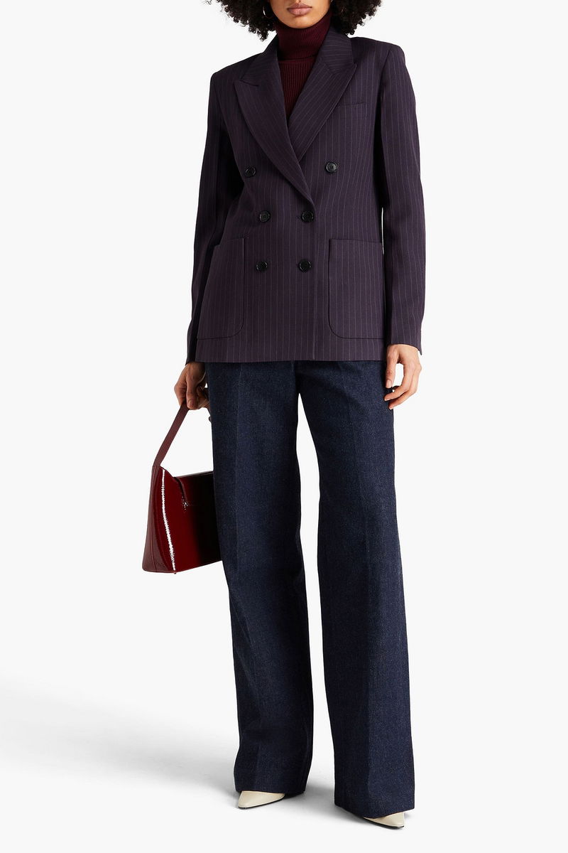 VICTORIA BECKHAM Double-Breasted Pinstriped Slub Woven Blazer in Blue ...