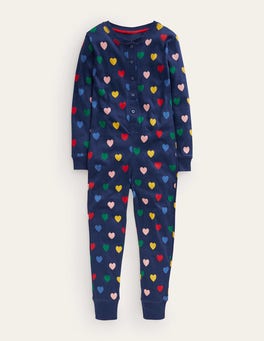 BODEN Snug All-In-One Pyjamas in College Navy Multi Hearts | endource