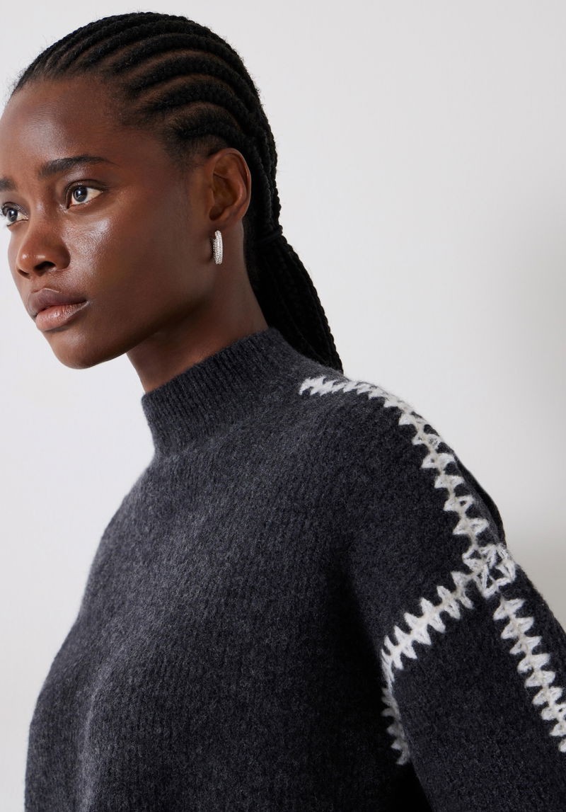 HUSH Celine Contrast Stitch Wool Blend Jumper in Charcoal Marl/Off ...