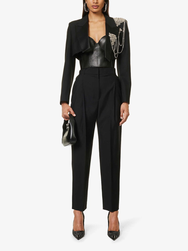 Alexander Mcqueen Crystal Embellished Cropped Wool Blazer In Black