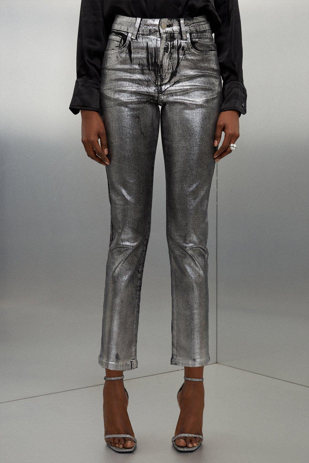 KAREN MILLEN High Rise Slim Leg Silver Foiled Jeans in Mid Blue | endource