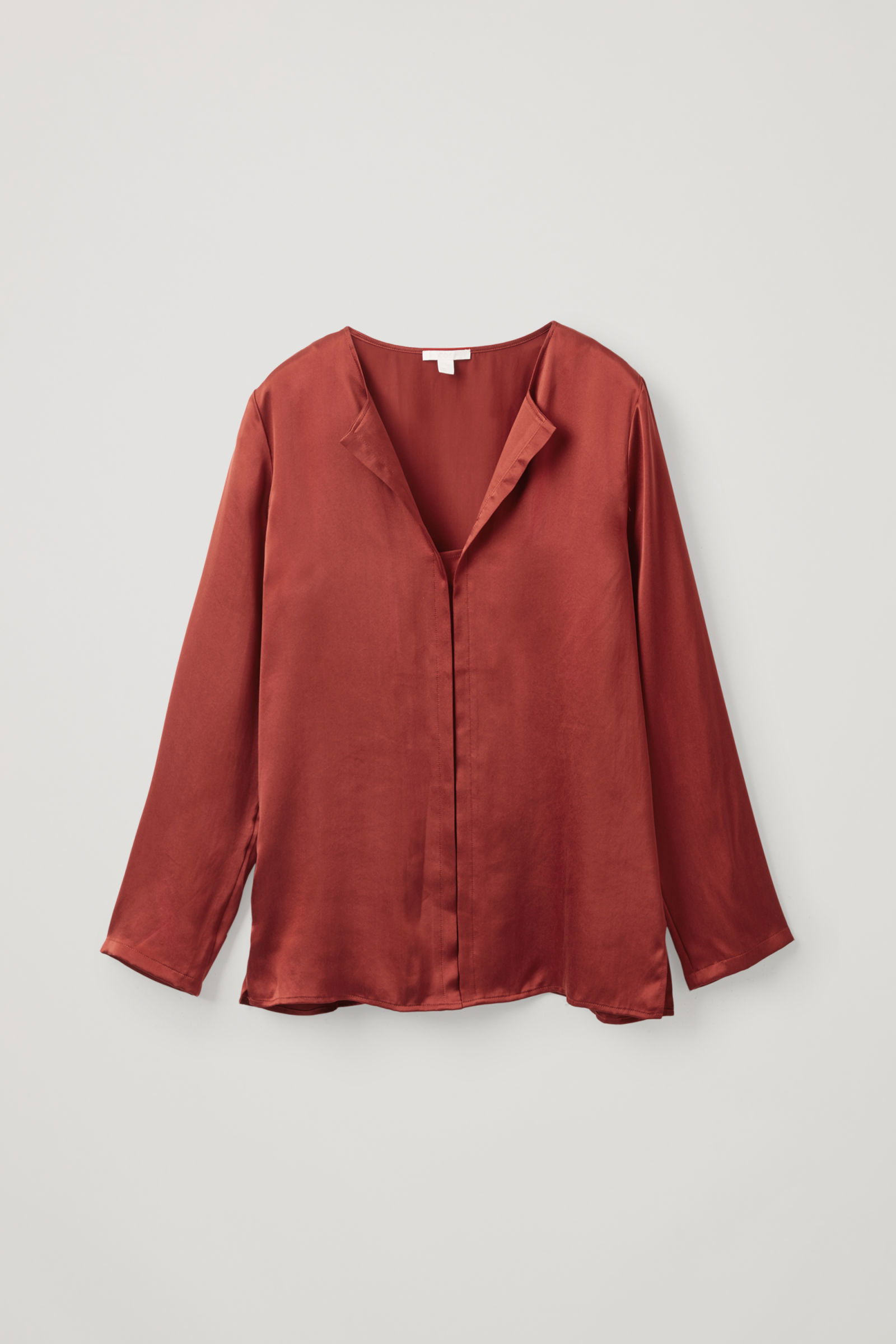 COS Silk Open-Neck Blouse in terracotta | Endource