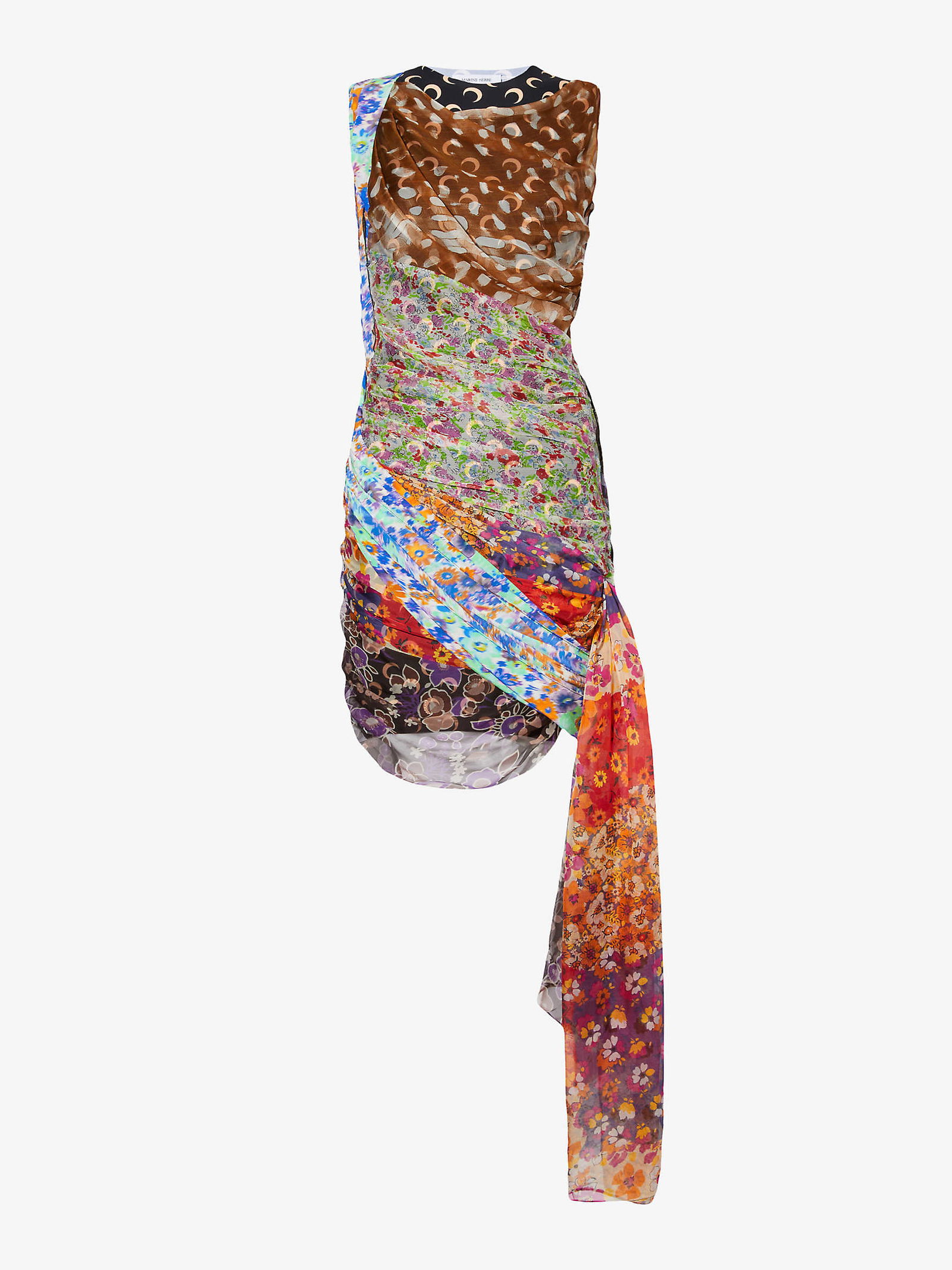 MARINE SERRE Moon-Pattern Draped-Hem Silk Mini Dress in Mu00 | Endource