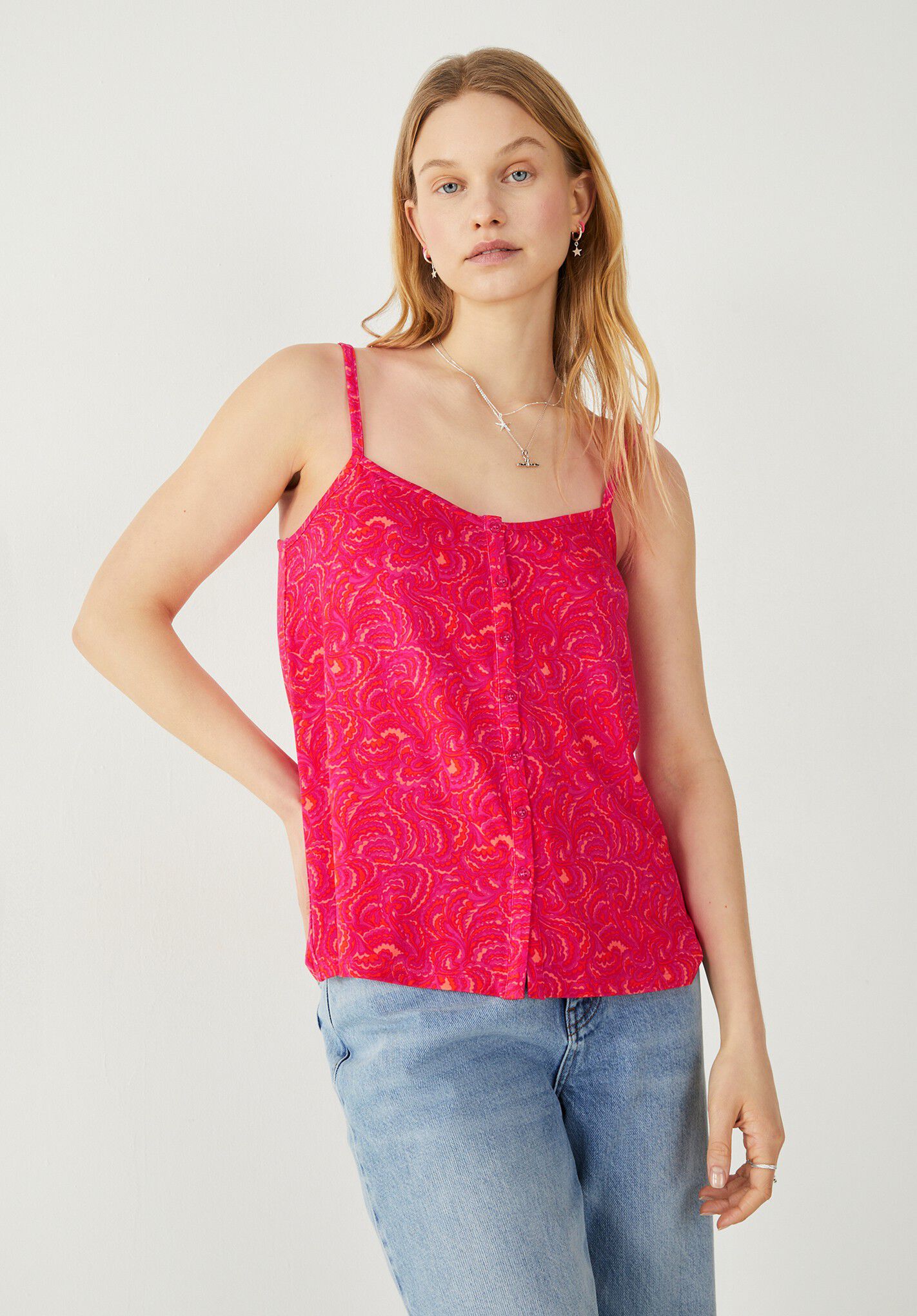 HUSH Molly Button Through Vest in Bright Paisley Pink | endource