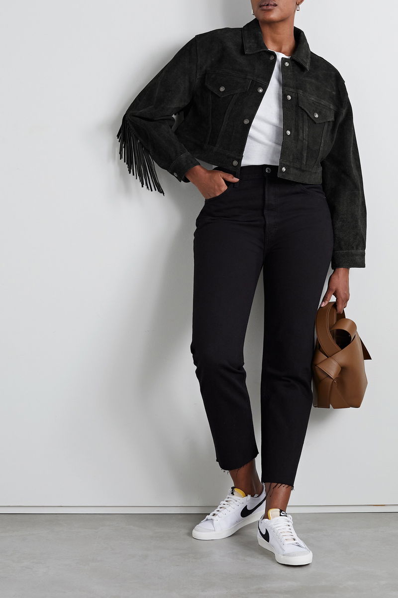 Redone Cropped Fringed Suede Jacket in Black | endource