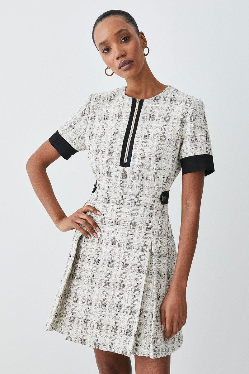 KAREN MILLEN Tweed Zip Detail Aline Mini Dress in Cream | endource