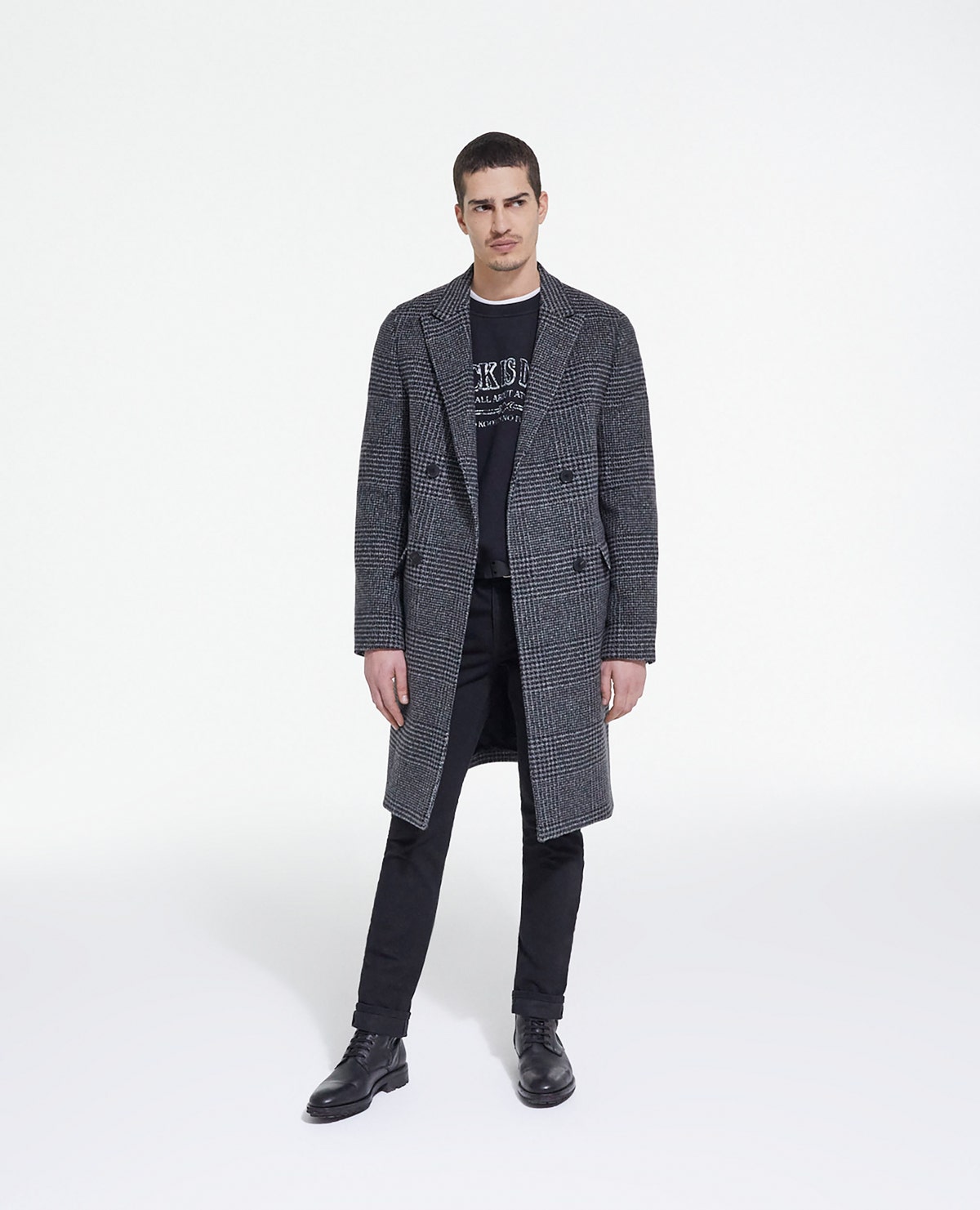 THE KOOPLES Long Wool Coat With Check Motif in DARK GREY | endource