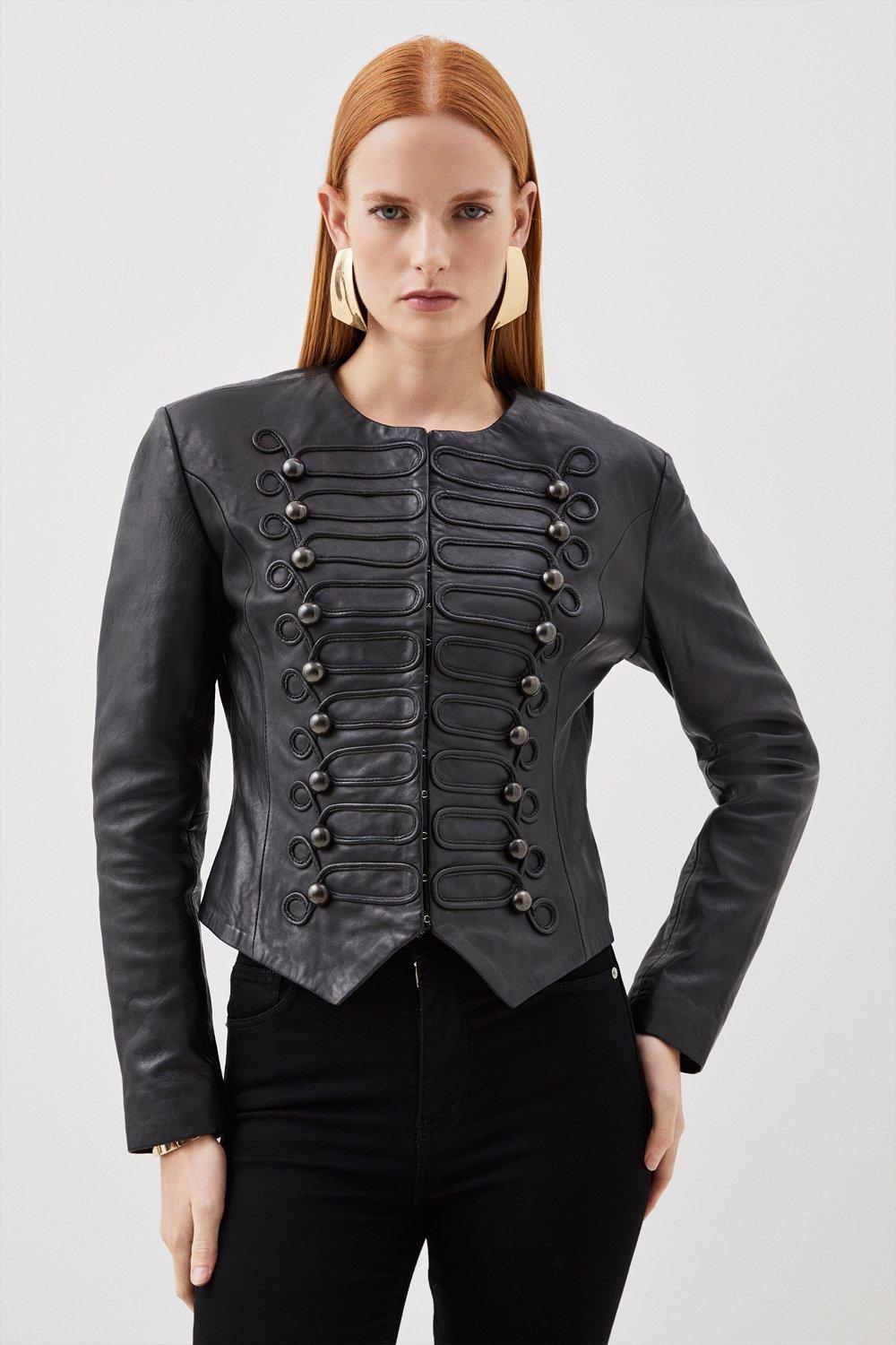 KAREN MILLEN Washed Leather Military Jacket in Black | endource