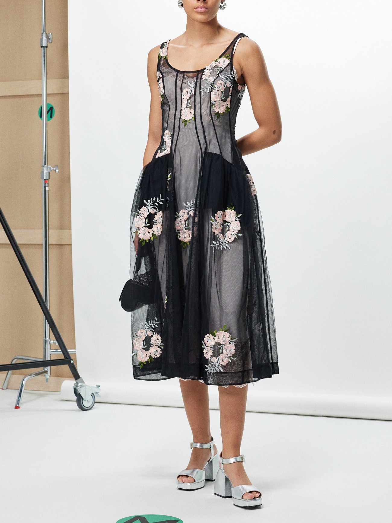 SIMONE ROCHA Rose-Embroidered Tulle Midi Dress in Black | Endource