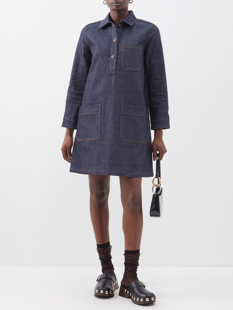 A.P.C. Aurelia Patch-Pocket Denim Dress in Blue | Endource