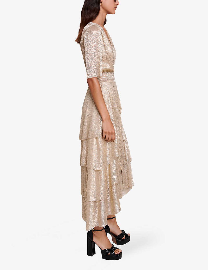 MAJE Ruffino Metallic Tiered-Hem Woven Midi Dress in OR | Endource