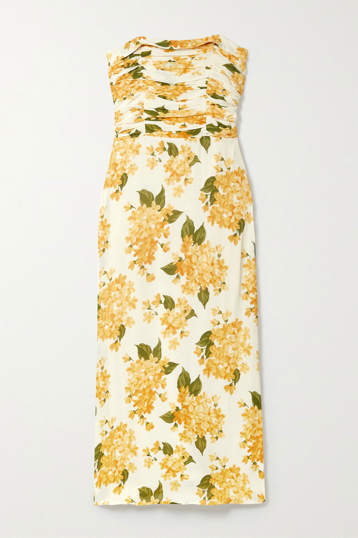 REFORMATION Lore Ruched Floral-Print Georgette Midi Dress in Yellow ...