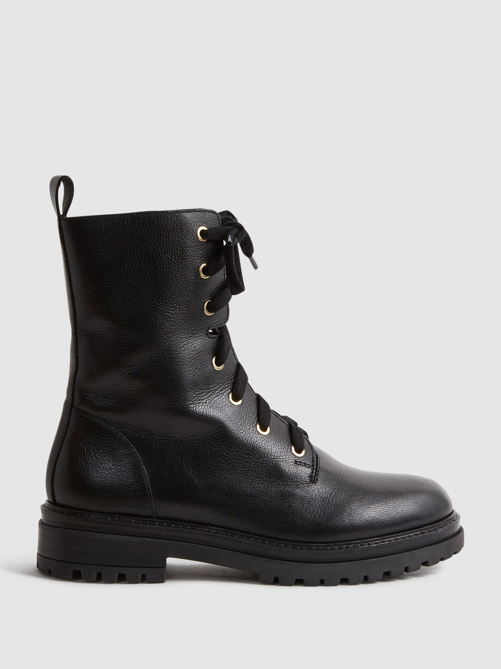REISS Jenna Leather Lace-Up Boots in Black | endource