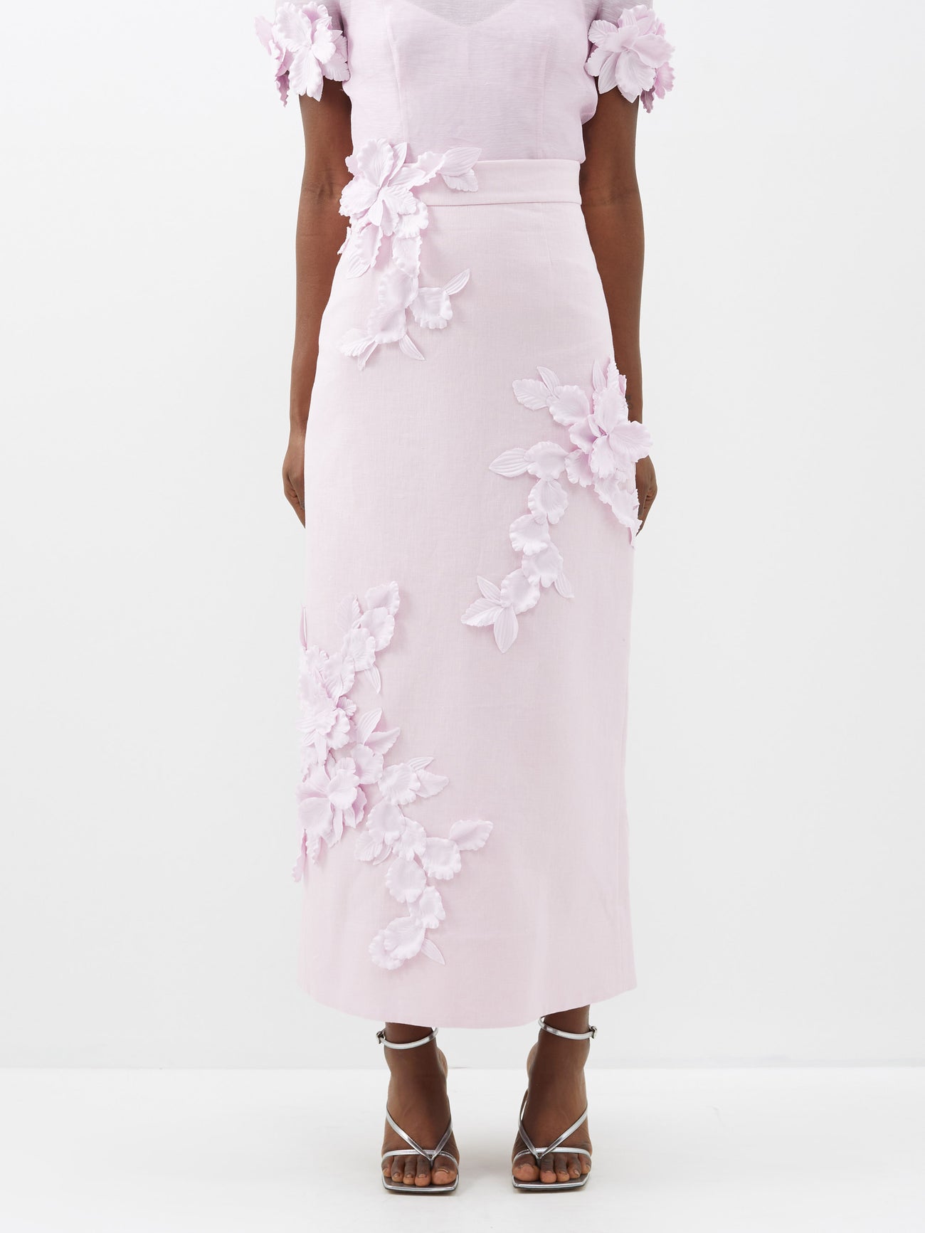 ZIMMERMANN High Tide Flower-Appliqué Linen Midi Skirt | Endource