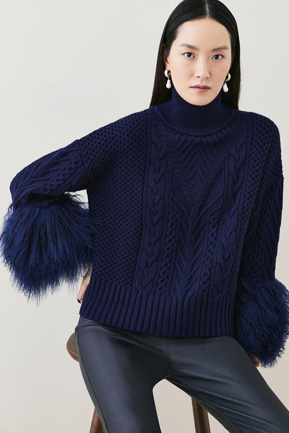 KAREN MILLEN Cable Knit Shearling Cuff Jumper | endource