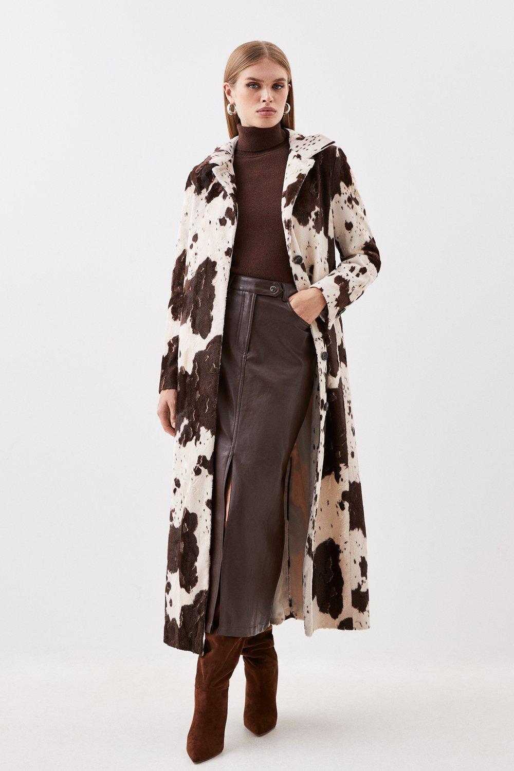 KAREN MILLEN Signature Faux Ponyskin Cow Print Collared Midi Coat in ...