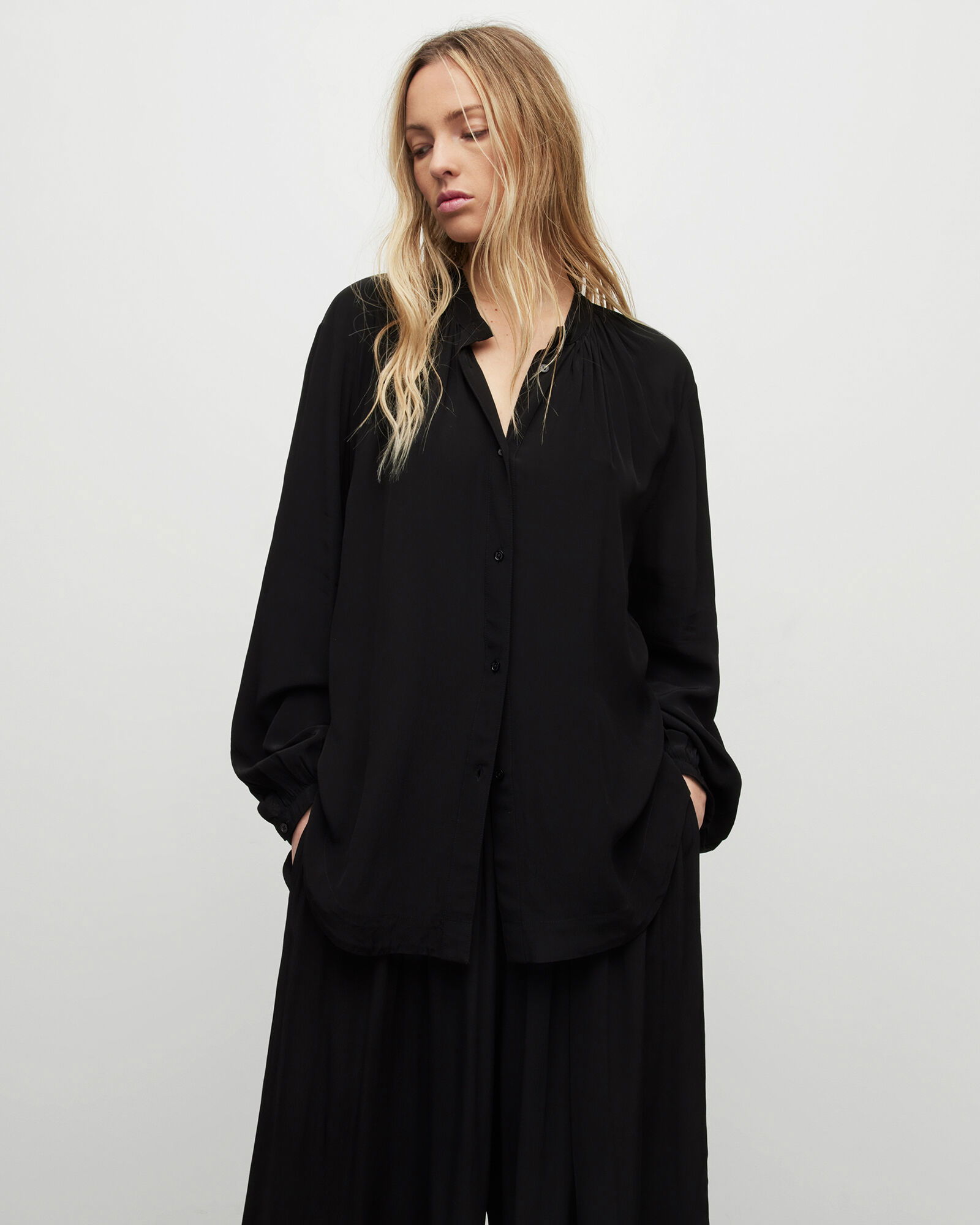 ALLSAINTS Hezzy Stand Collar Draped Shirt in Black | Endource