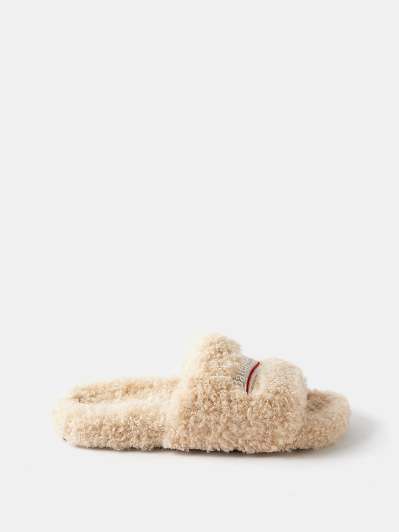 BALENCIAGA Furry Faux-Shearling Slides in Beige | Endource