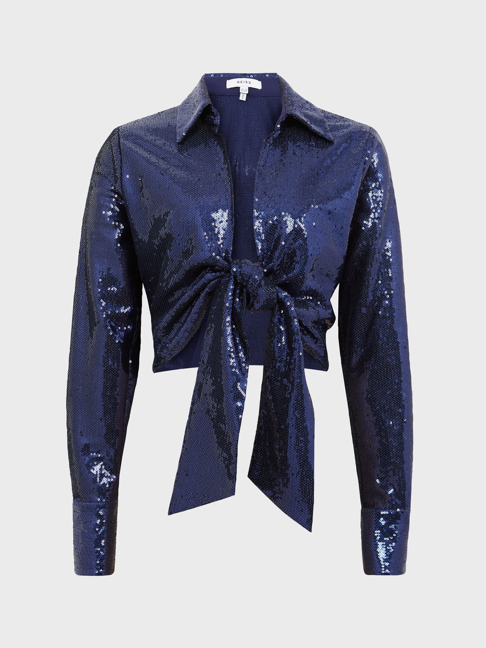 REISS Hannah Tie Front Sequin Top in Dark Blue | endource