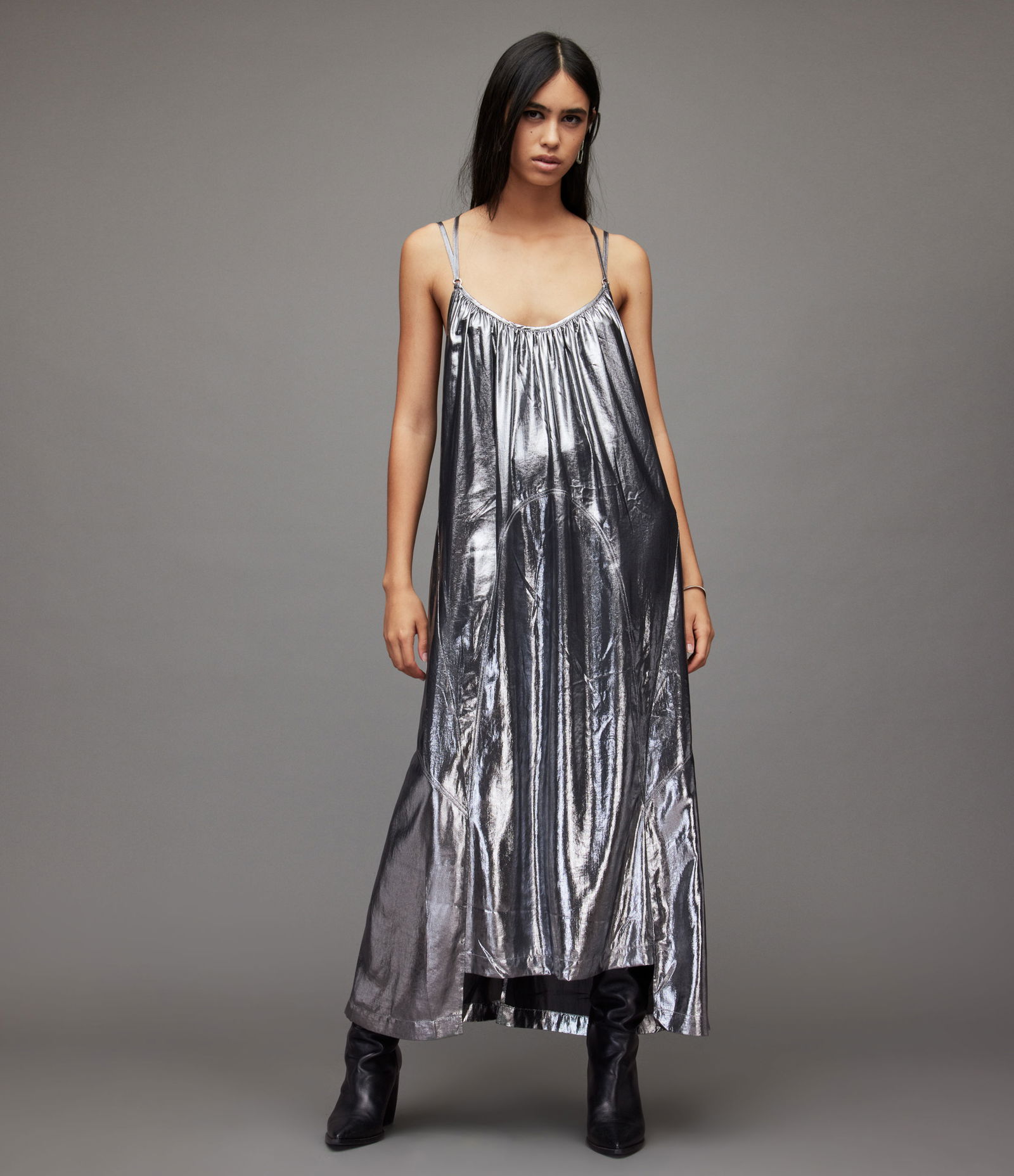 ALLSAINTS Areena Metallic Maxi Dress in Silver | endource