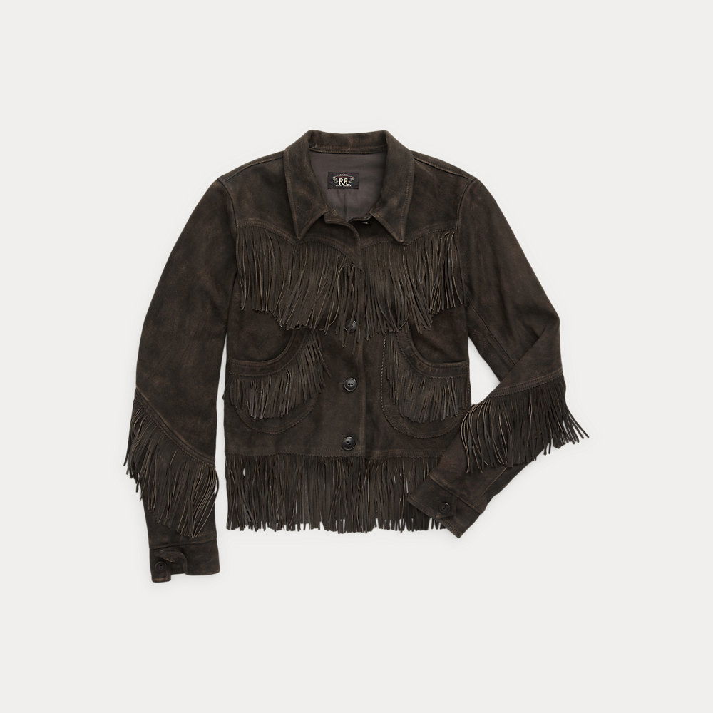 RALPH LAUREN RRL Fringe-Trim Suede Jacket in Black | endource
