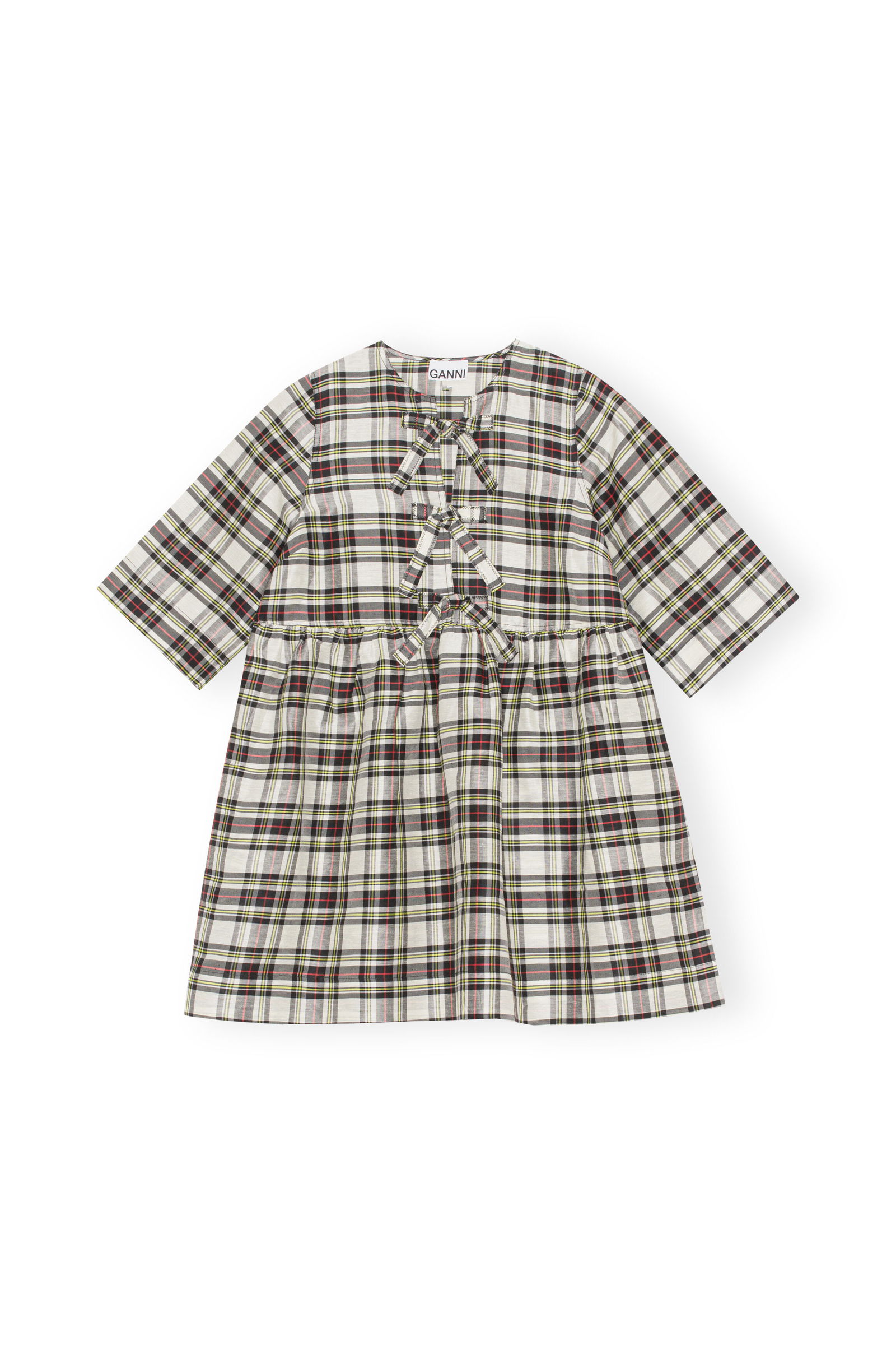 GANNI Checkered Ribbon Mini Dress in Check Egret | endource