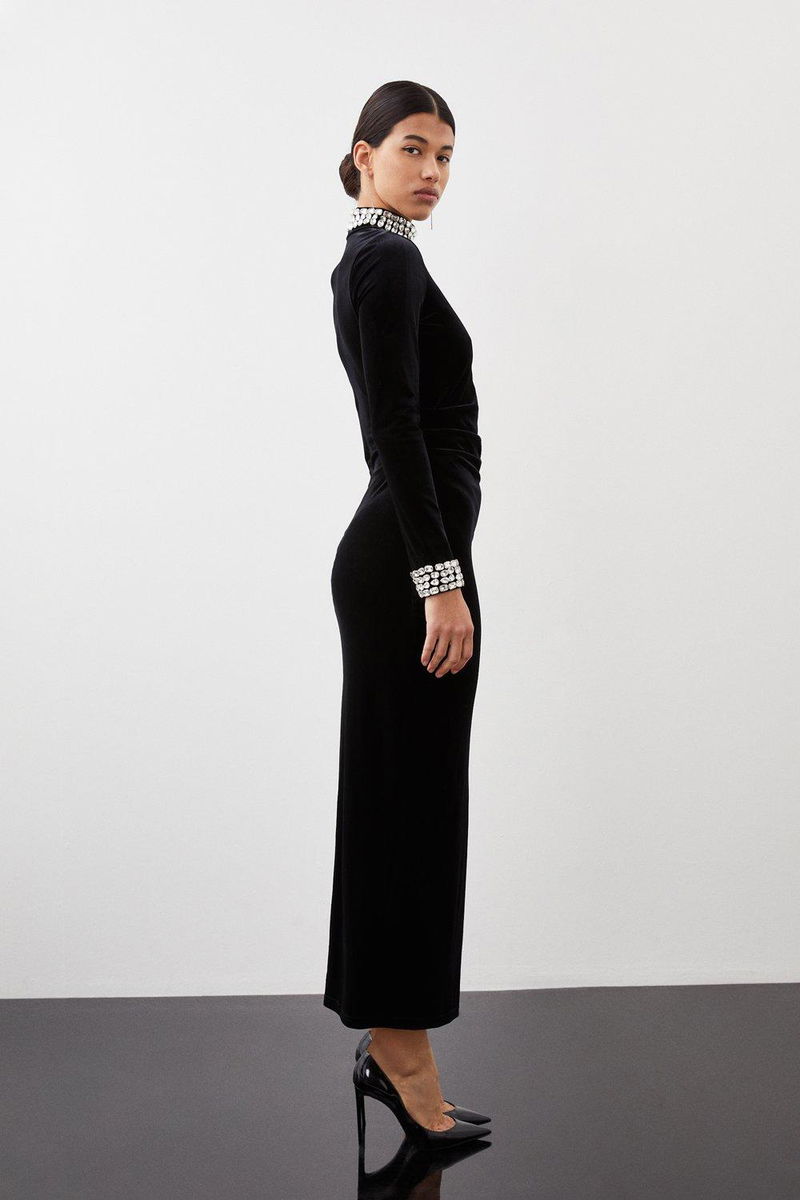 Karen Millen Stretch Velvet Crystal Embellished Long Sleeve Maxi Dress