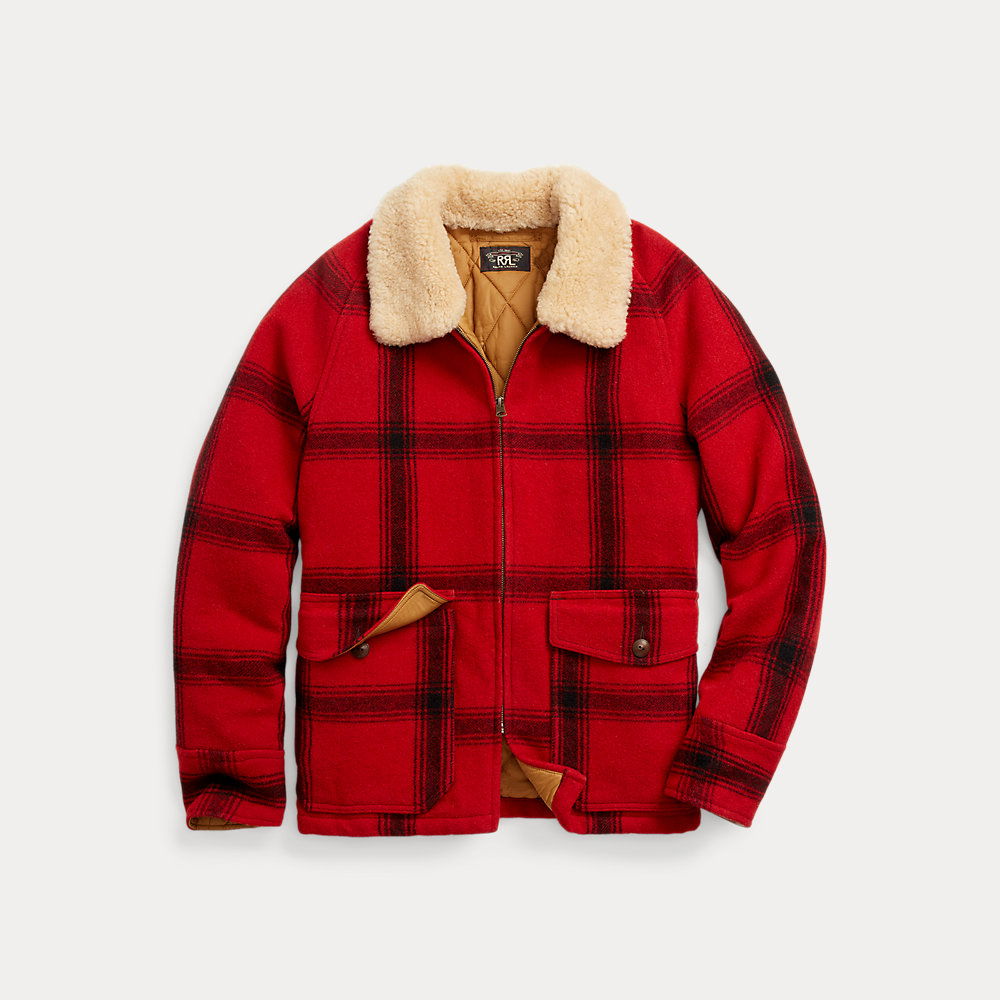 RALPH LAUREN RRL Shearling-Collar Plaid Wool Jacket in Red | endource