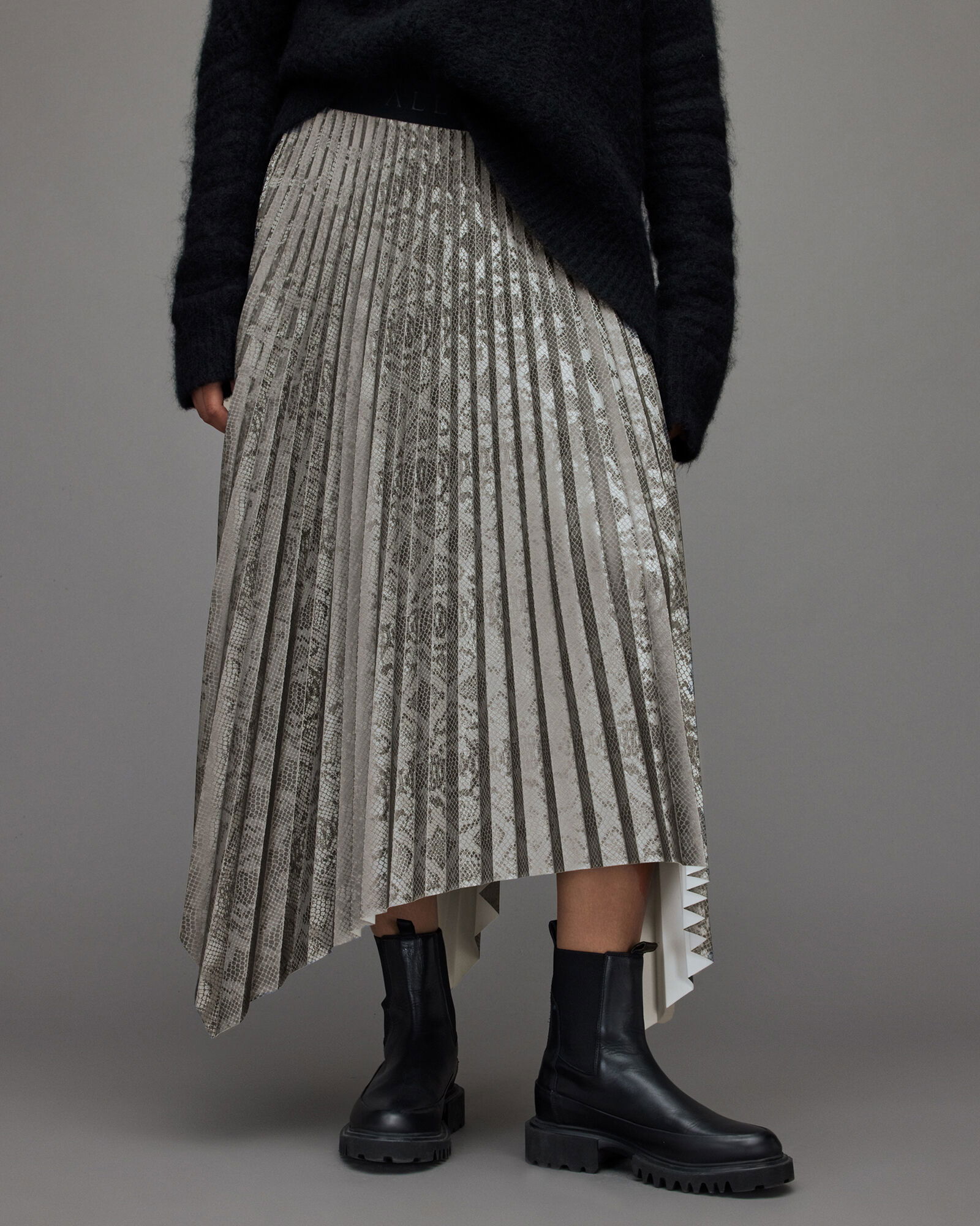 ALLSAINTS Phia Snake Maxi Skirt in Silver | endource