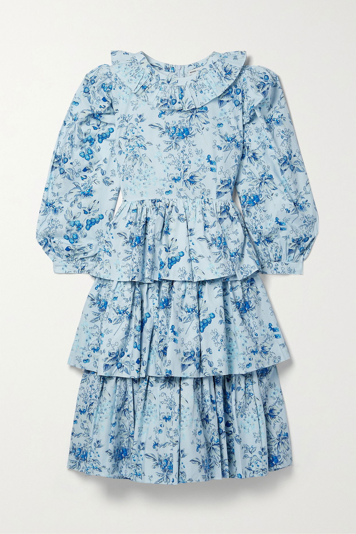 BATSHEVA Batsheva x Laura Ashley - Welsh Ruffled Floral-Print Cotton-Poplin Dress in Blue | endource