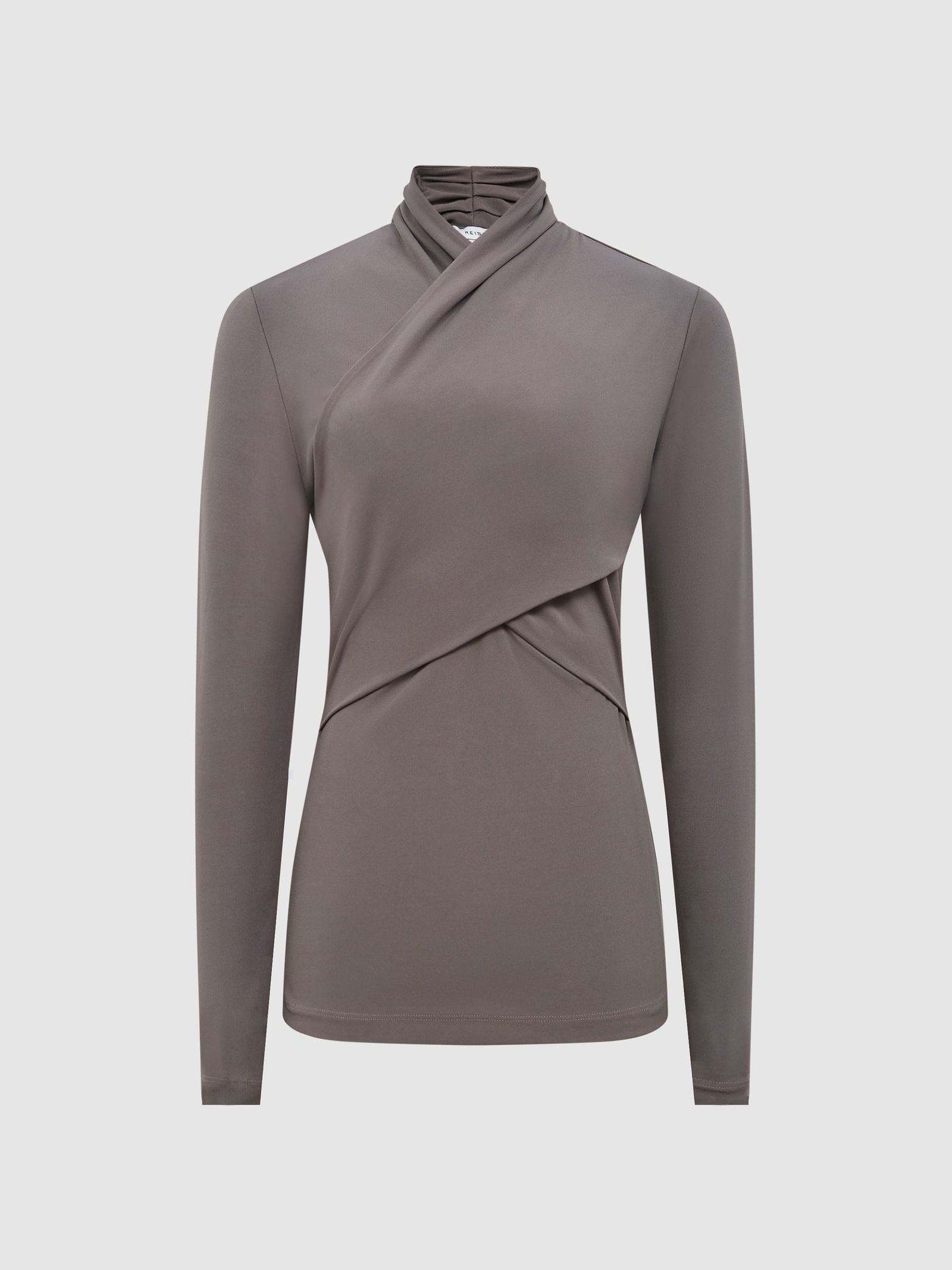 REISS Ellie Long Sleeve Cross-Over Top in Mink | endource