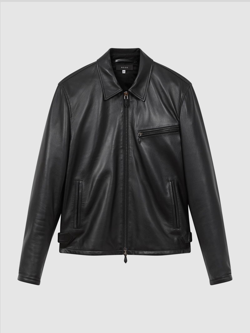 REISS Foster Leather Zip-Through Jacket in Black | endource