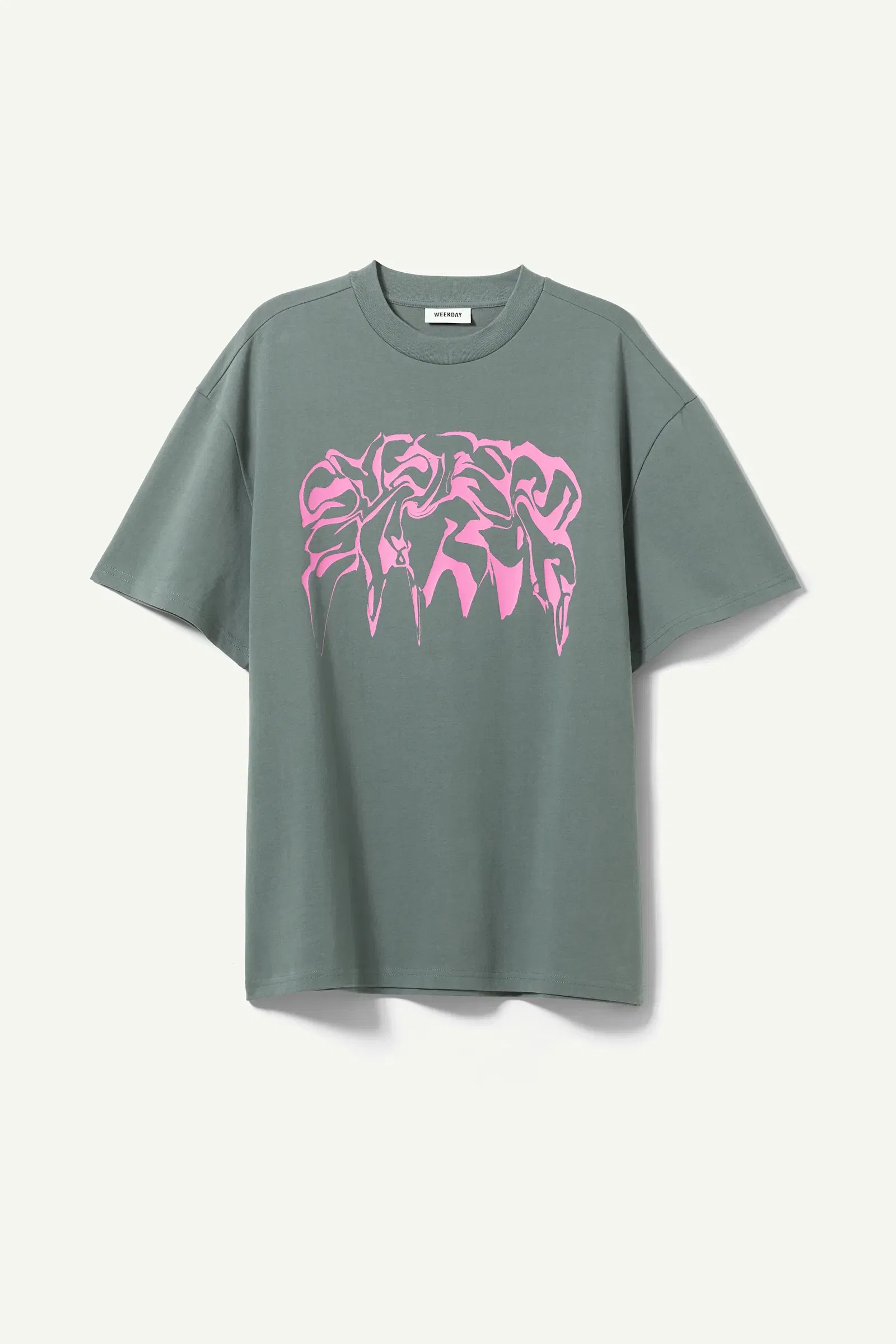 WEEKDAY Great Graphic Printed Tee in Grey-green w pink | Endource