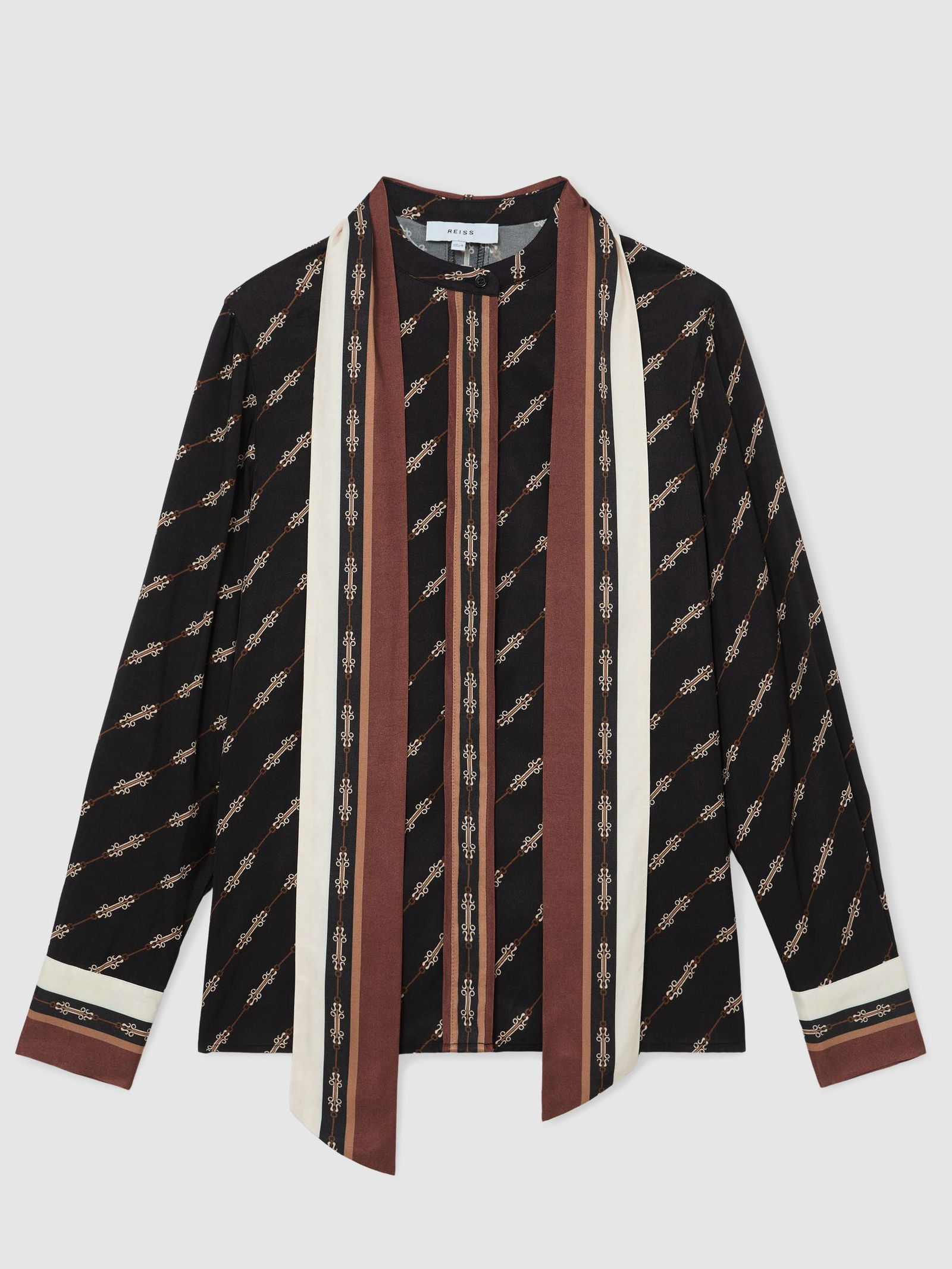 REISS Chain-Print Tie-Neck Shirt In Black | endource