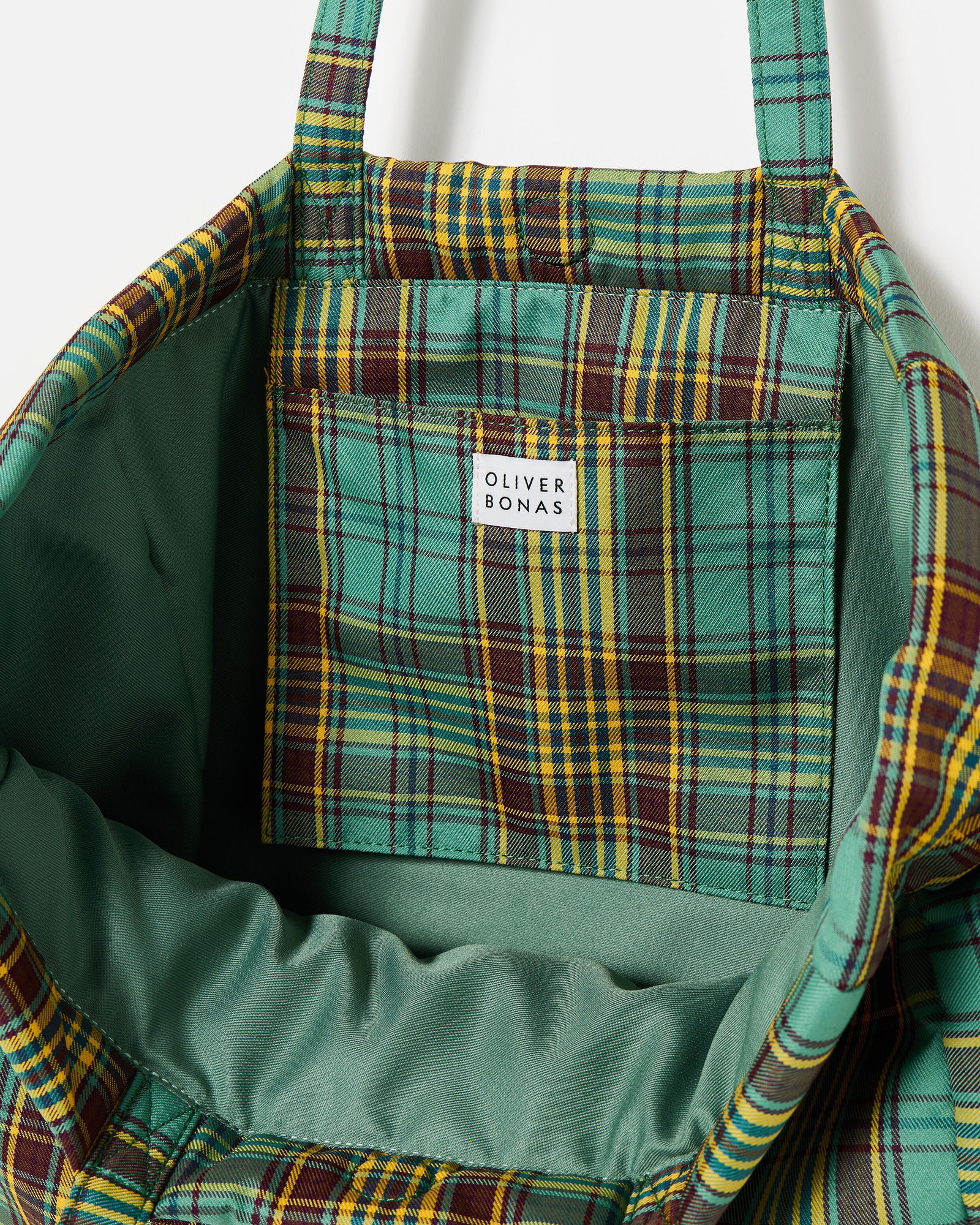 OLIVER BONAS Mena Green & Brown Checked Logo Tote Shopper Bag | endource