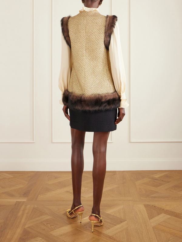 VALENTINO GARAVANI Embellished Shearling-trimmed Metallic Tweed Vest ...