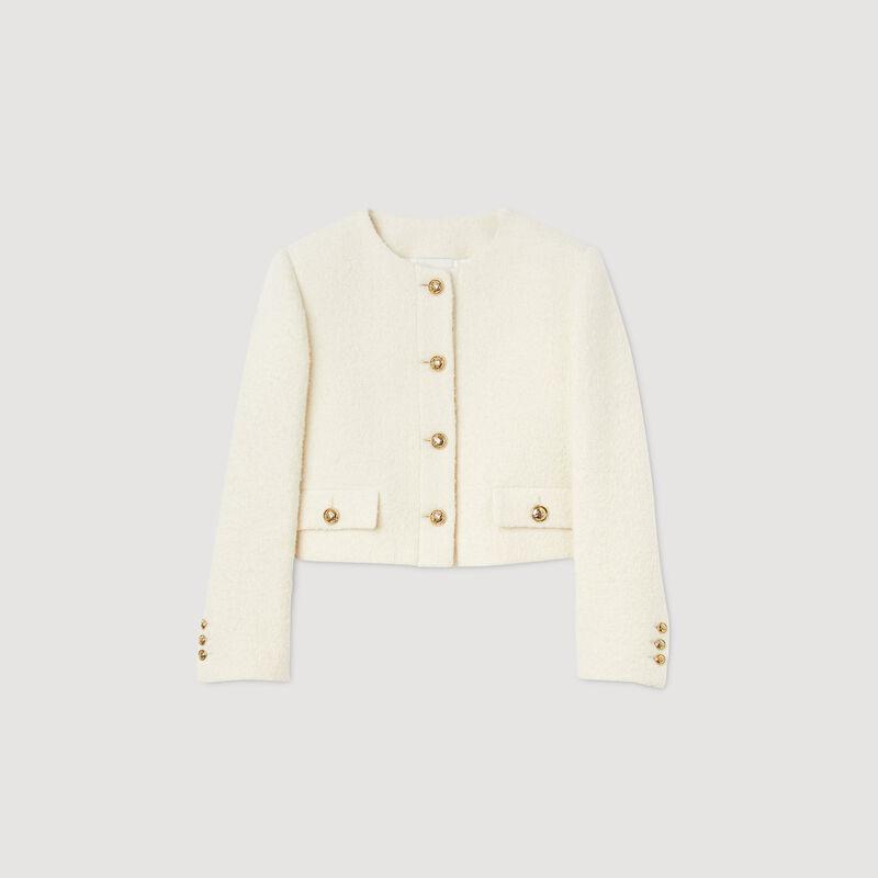 SANDRO Cropped Bouclé Wool Jacket in white | Endource