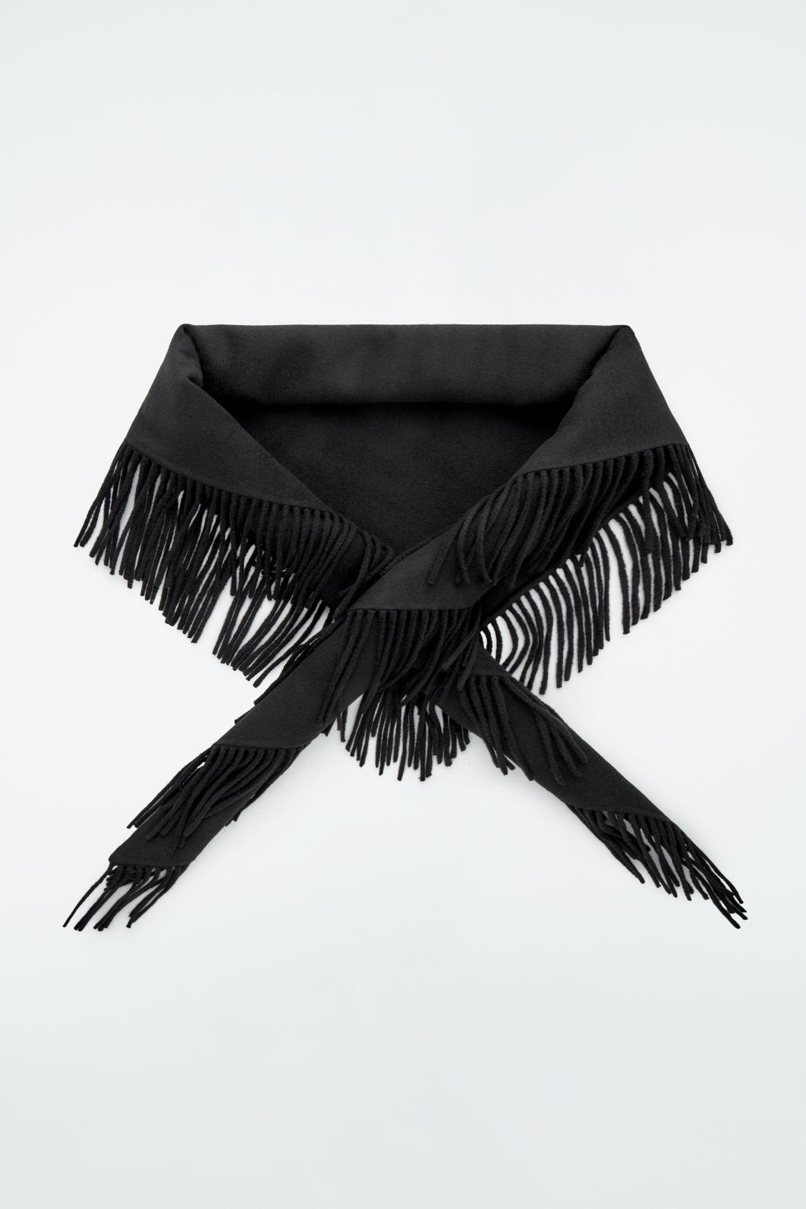 COS Fringed Merino Wool Triangle Scarf in BLACK | endource