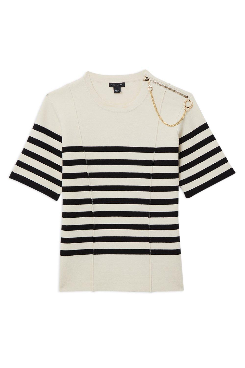 KAREN MILLEN Milano Knit Stripe Chain Detail Top in Cream | endource