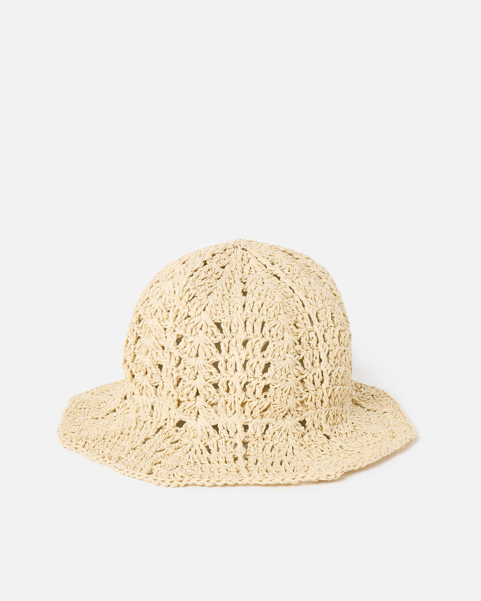 OLIVER BONAS Crochet Scalloped Edge Straw Bucket Hat in Cream | endource
