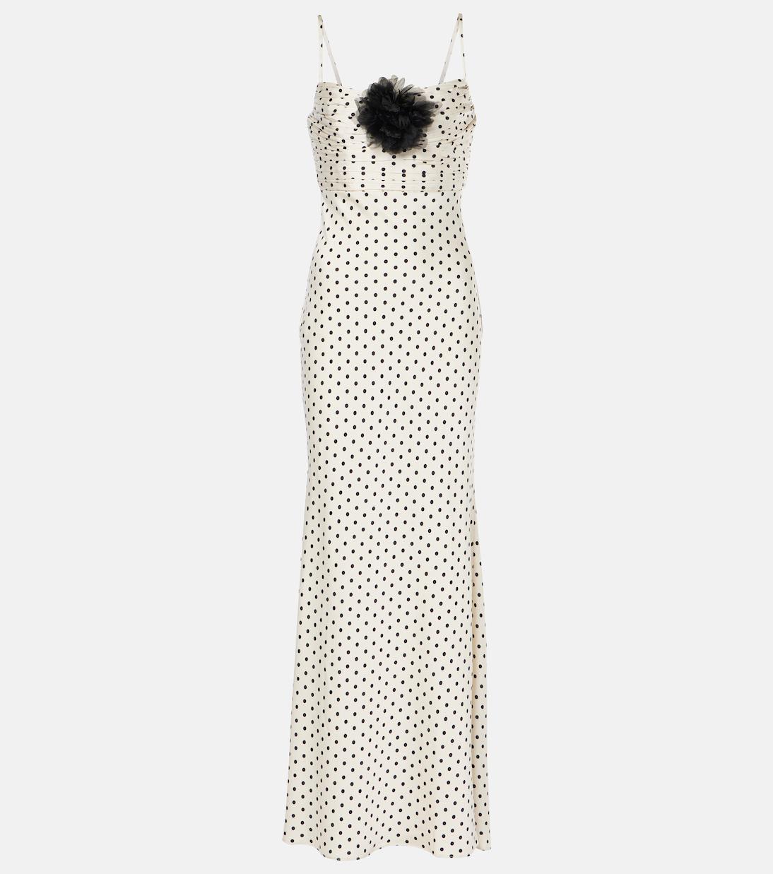 SELF-PORTRAIT Floral-Appliqué Polka-Dot Satin Maxi Dress in White ...