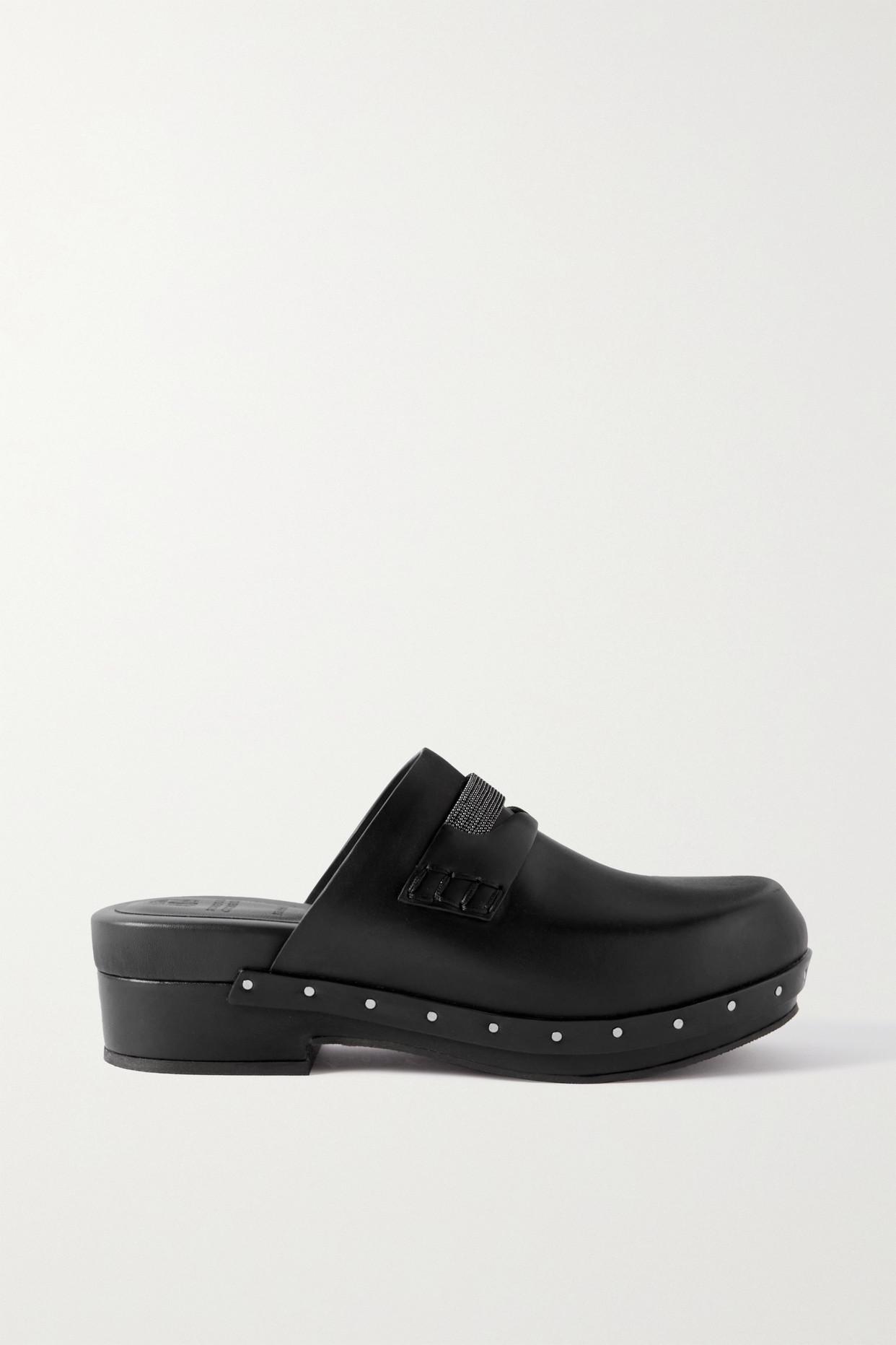 BRUNELLO CUCINELLI Bead-Embellished Leather Clogs in Black | Endource