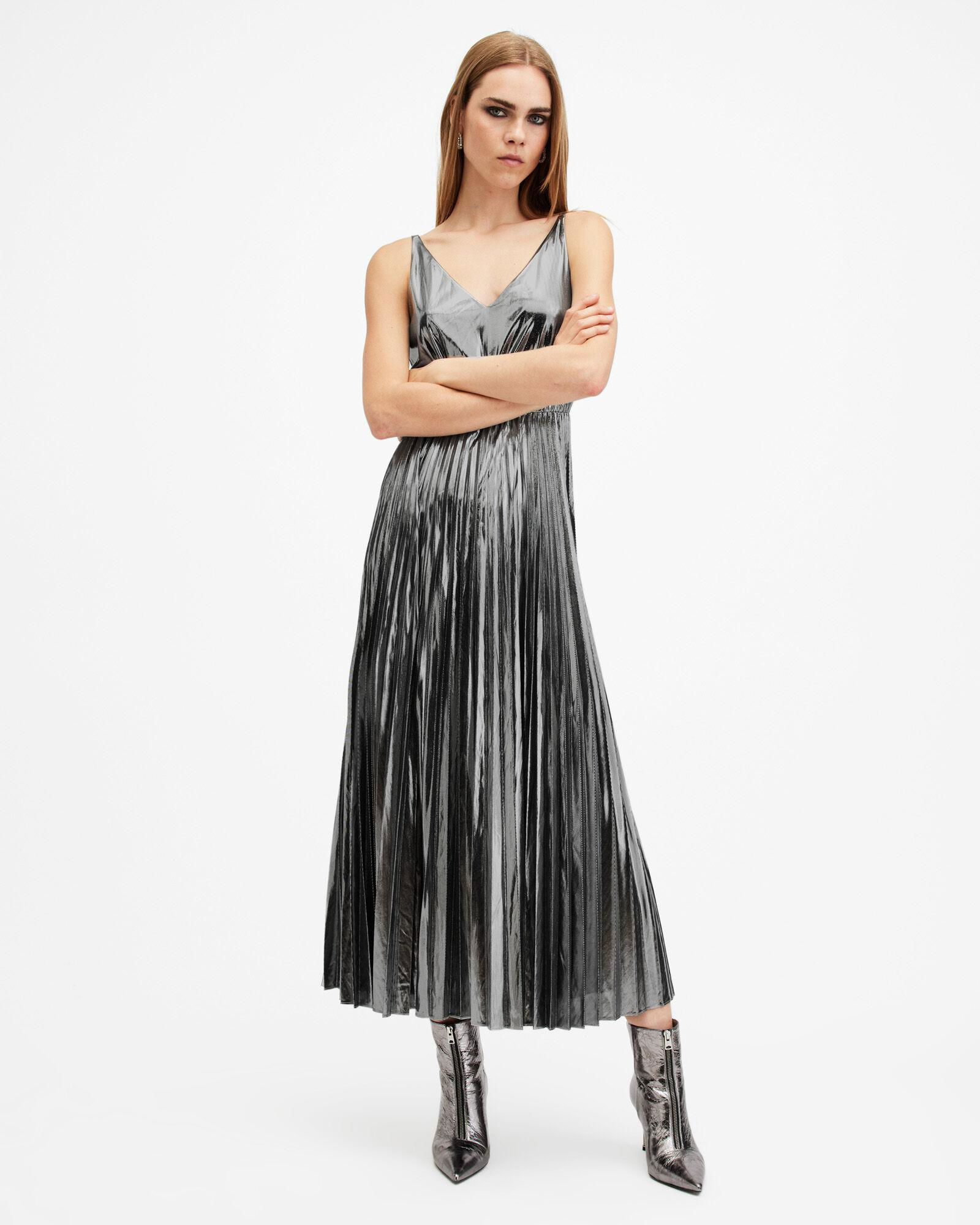 ALLSAINTS Spark 2-In-1 Pleated Maxi Dress in Grey Marl/Silver | endource