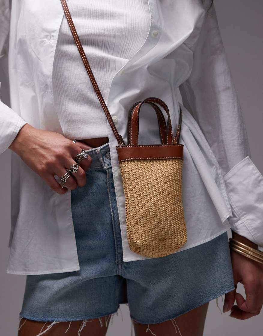 MANGO Raffia Pouch Bag in TAN | endource