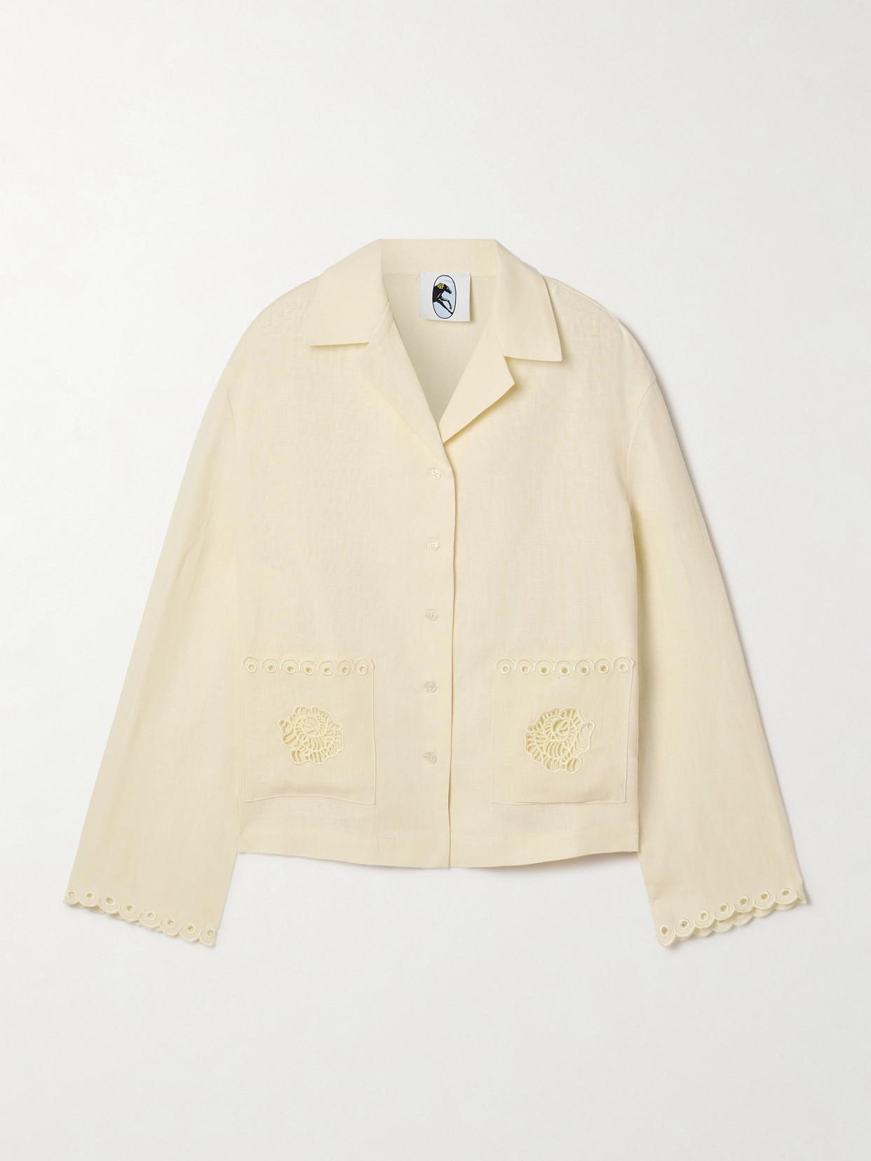 SLEEPER Sofia Broderie Anglaise-Trimmed Linen Pajama Shirt in White | Endource