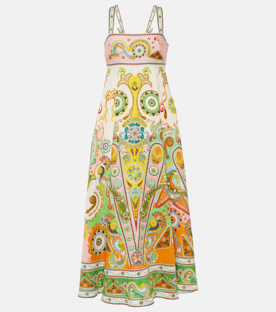 ALÉMAIS Pinball Printed Linen Midi Dress in Multicoloured | endource