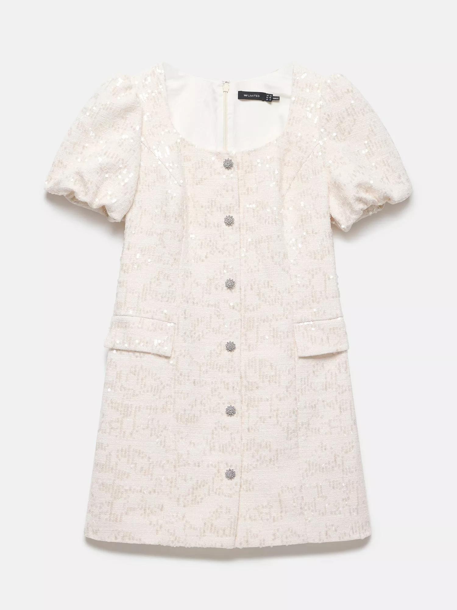 MINT VELVET Sequin Boucle Mini Dress in Ivory | endource