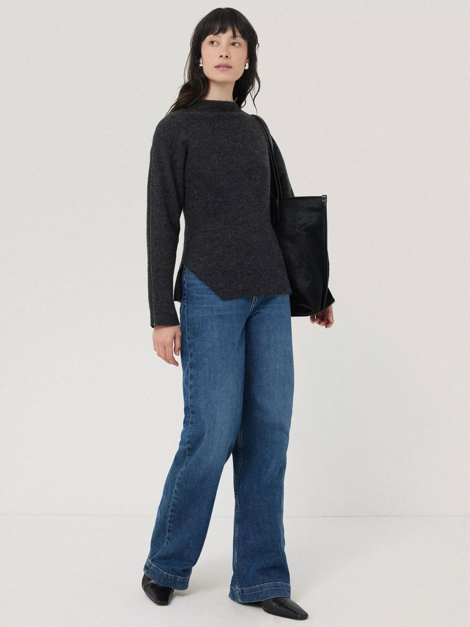 JIGSAW Boiled Wool Blend Batwing Knit Top in Dark Grey | endource