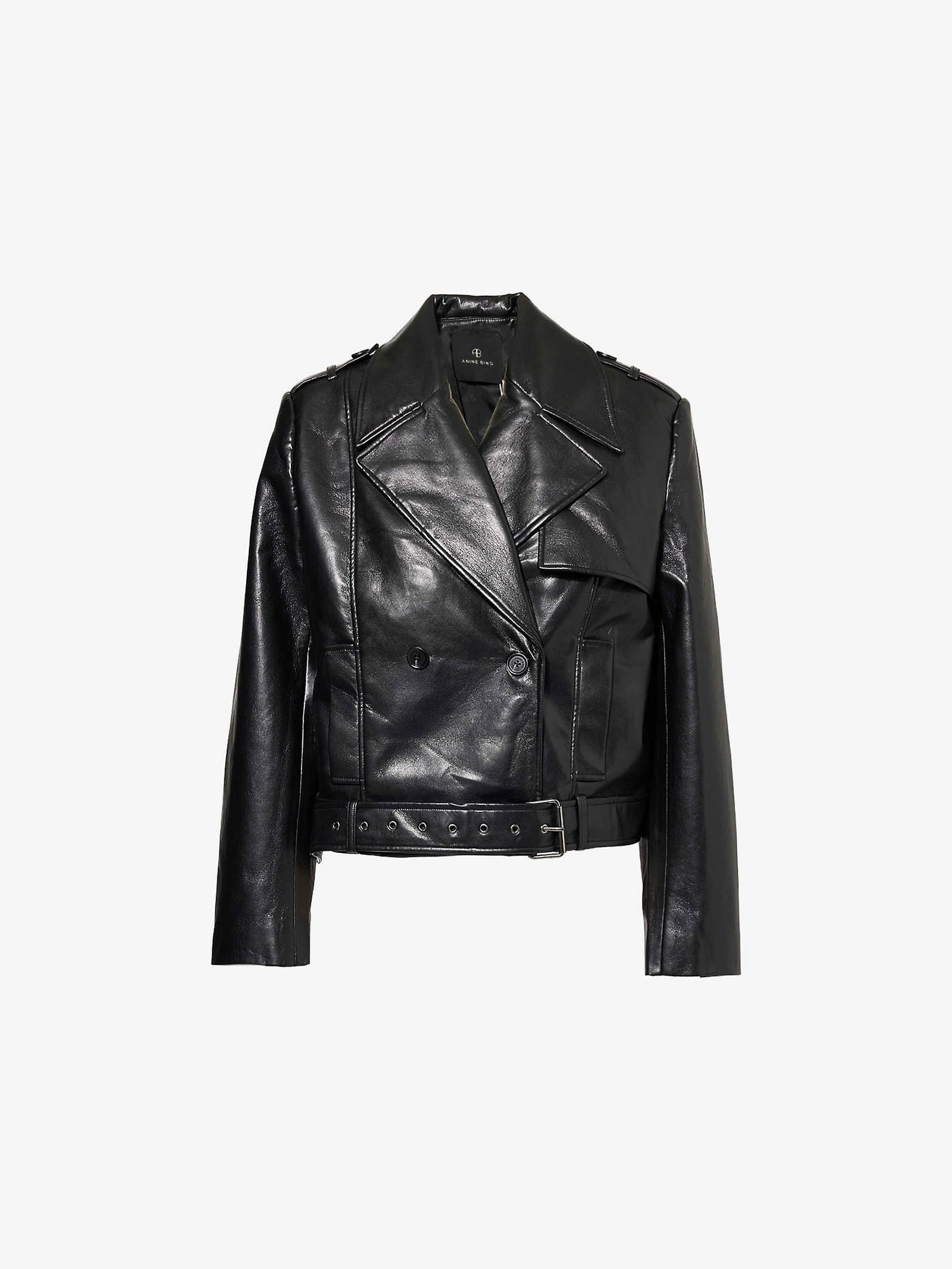 ANINE BING Simone Double-Breasted Belted Jacket in BLACK | endource