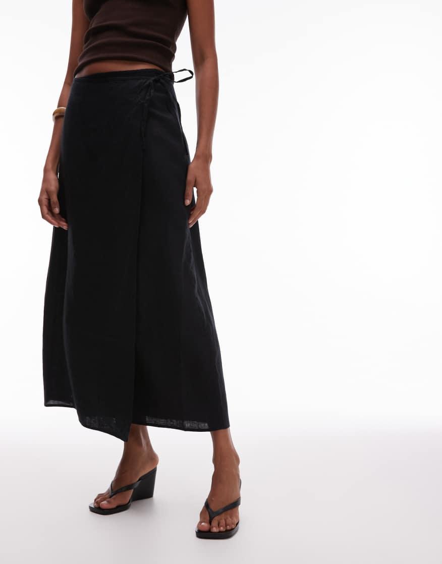 ARKET Linen Wrap Beach Midi Skirt in Black | endource